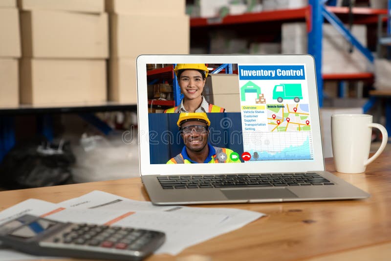 Warehouse Staff Talking on Video Call at Computer Screen in Storage ...