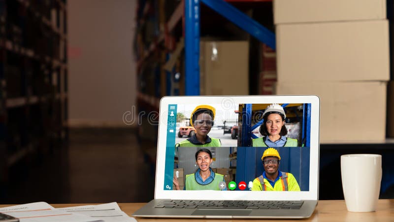 Warehouse Staff Talking on Video Call at Computer Screen in Storage ...