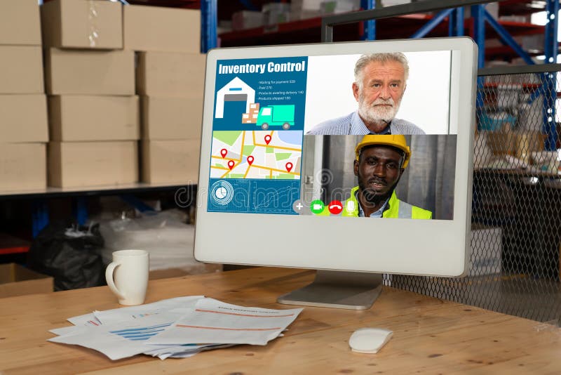 Warehouse Staff Talking on Video Call at Computer Screen in Storage ...