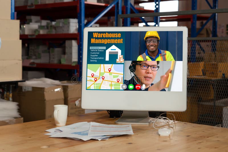 Warehouse Staff Talking on Video Call at Computer Screen in Storage ...