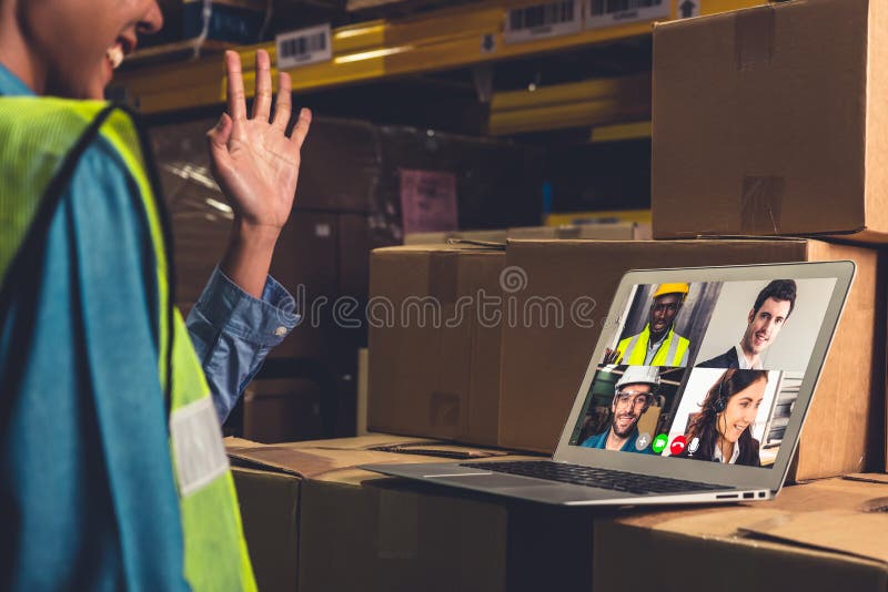 Warehouse Staff Talking on Video Call at Computer Screen in Storage ...