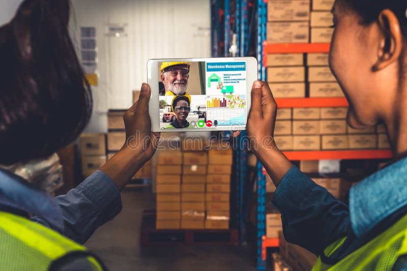 Warehouse Staff Talking on Video Call at Computer Screen in Storage ...