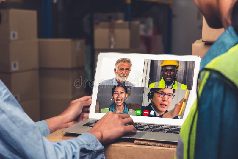 Warehouse Staff Talking on Video Call at Computer Screen in Storage ...