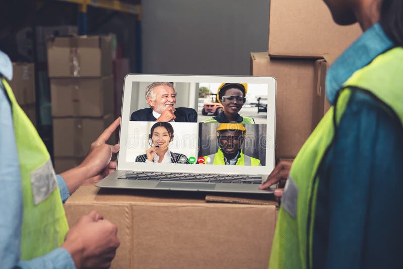 Warehouse Staff Talking on Video Call at Computer Screen in Storage ...