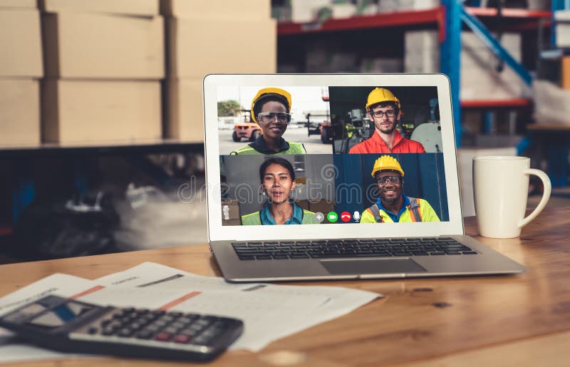 Warehouse Staff Talking on Video Call at Computer Screen in Storage ...