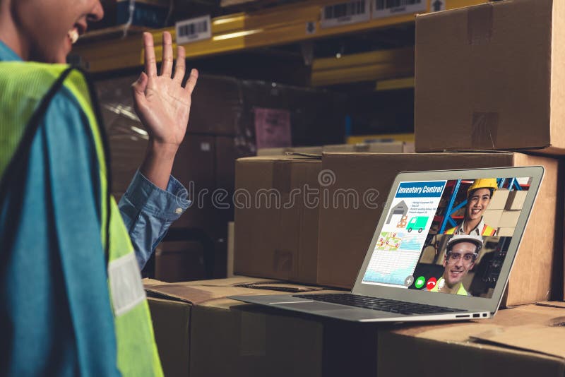 Warehouse Staff Talking on Video Call at Computer Screen in Storage ...