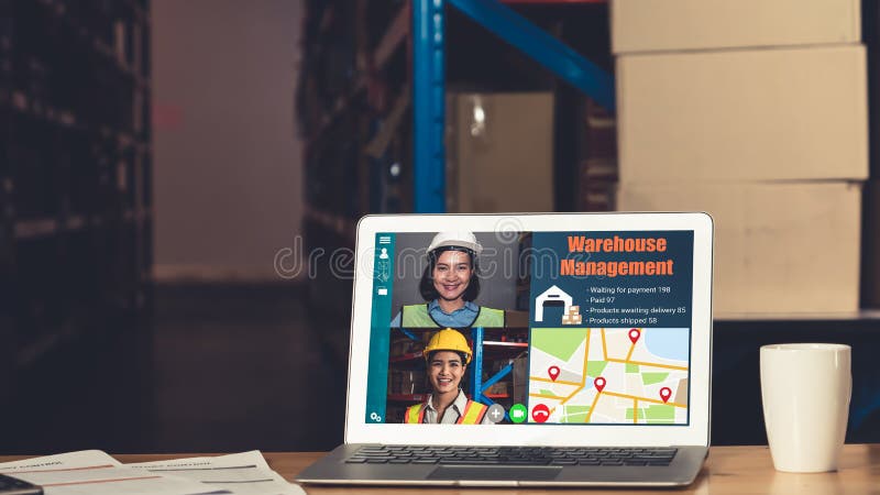 Warehouse Staff Talking on Video Call at Computer Screen in Storage ...