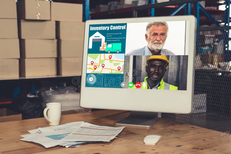 Warehouse Staff Talking on Video Call at Computer Screen in Storage ...