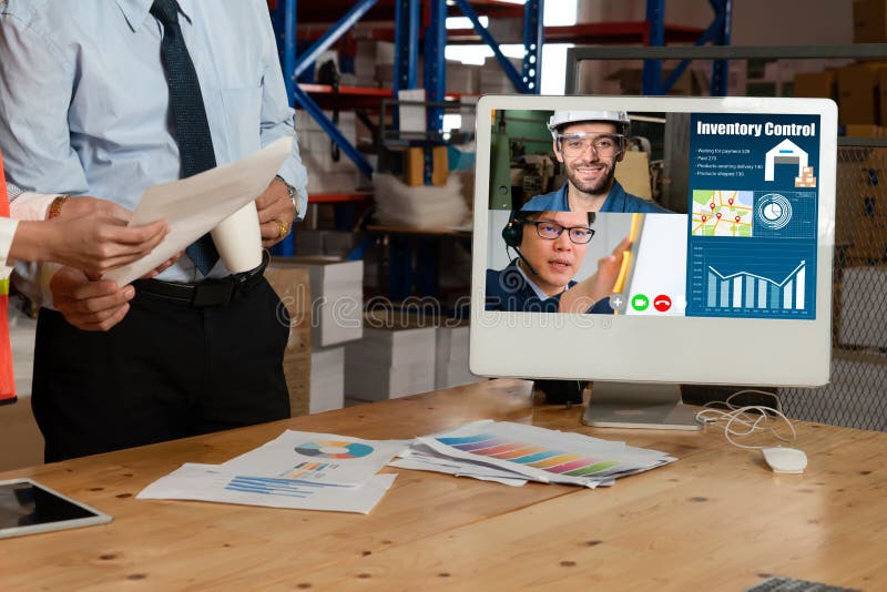 Warehouse Staff Talking on Video Call at Computer Screen in Storage ...