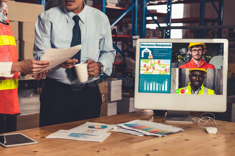Warehouse Staff Talking on Video Call at Computer Screen in Storage ...