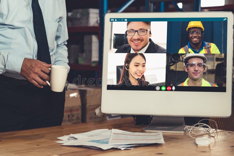 Warehouse Staff Talking on Video Call at Computer Screen in Storage ...