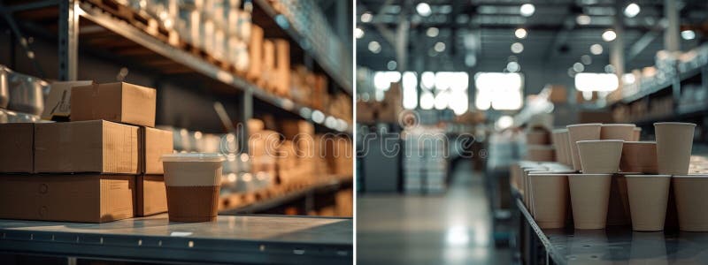 Warehouse Storage with Cardboard Boxes and Paper Cups Stock Image ...