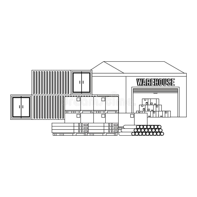 Warehouse Storage Building with Merchandise in Black and White Stock ...