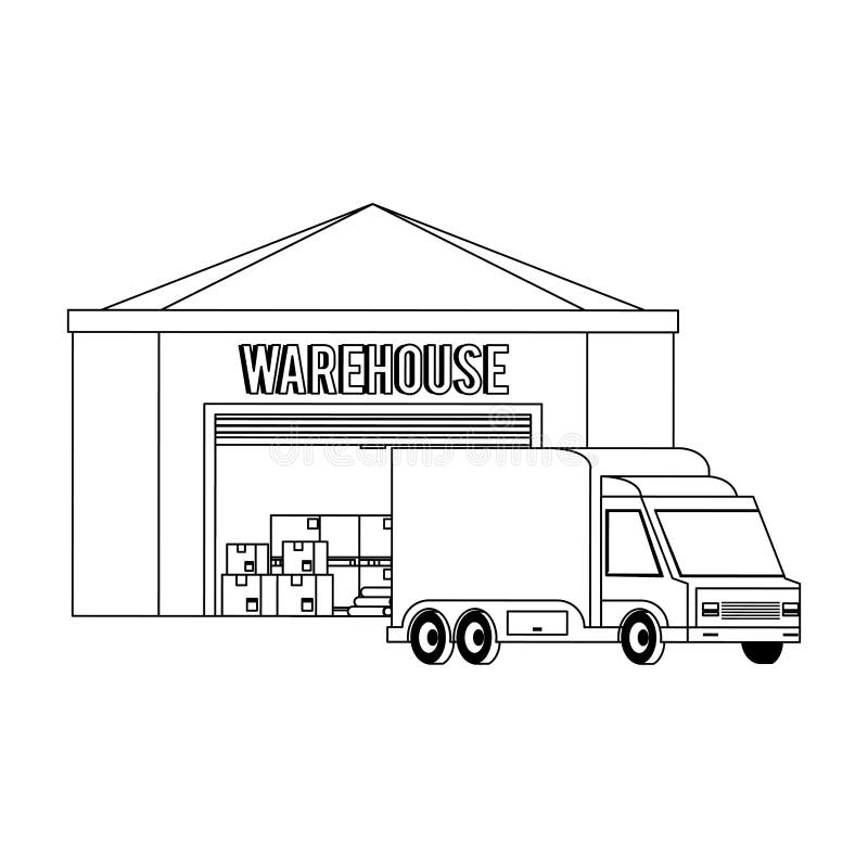 Warehouse Storage Building with Merchandise in Black and White Stock ...