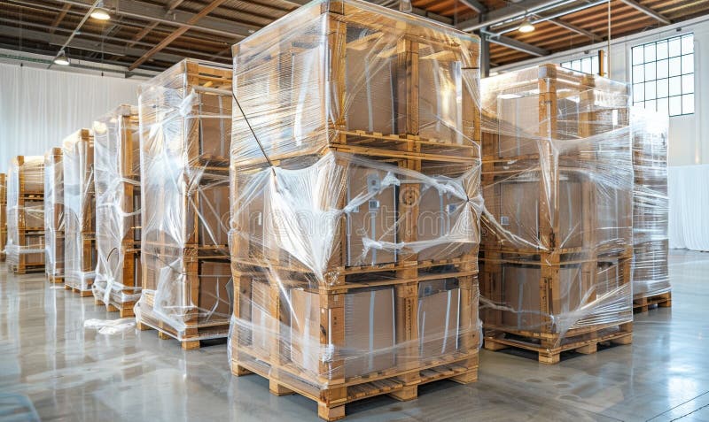 Warehouse Storage for Cargo Shipment Boxes on Pallet Racks, Wrapped in ...