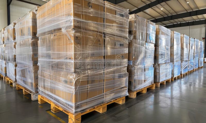 Warehouse Storage for Cargo Shipment Boxes on Pallet Racks, Wrapped in ...