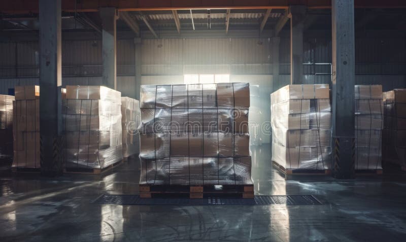 Warehouse Storage for Cargo Shipment Boxes on Pallet Racks, Wrapped in ...