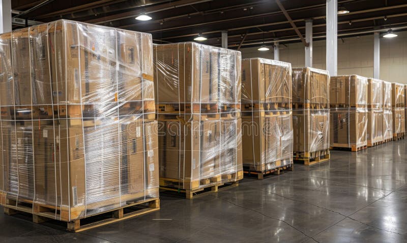 Warehouse Storage for Cargo Shipment Boxes on Pallet Racks, Wrapped in ...