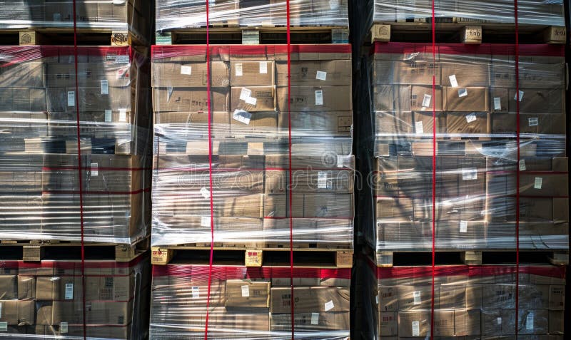 Warehouse Storage for Cargo Shipment Boxes on Pallet Racks, Wrapped in ...