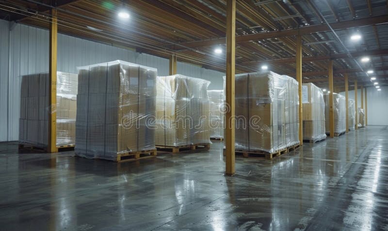 Warehouse Storage for Cargo Shipment Boxes on Pallet Racks, Wrapped in ...
