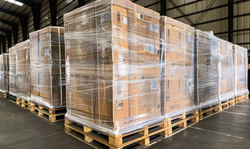 Warehouse Storage for Cargo Shipment Boxes on Pallet Racks, Wrapped in ...