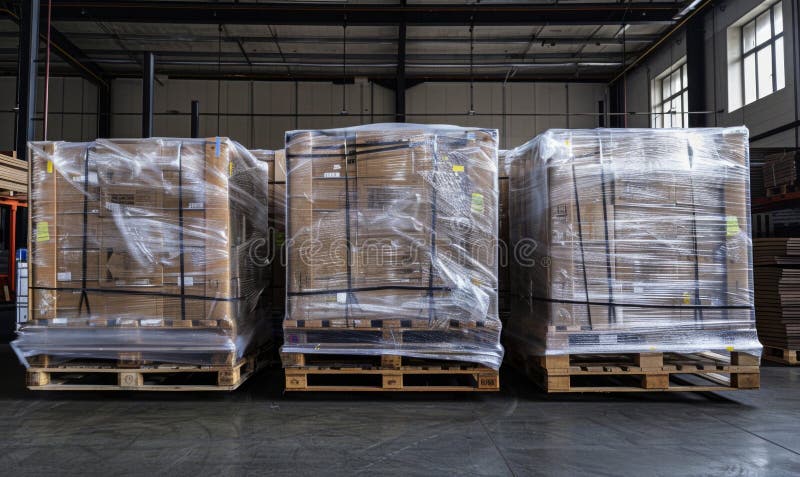 Warehouse Storage for Cargo Shipment Boxes on Pallet Racks, Wrapped in ...