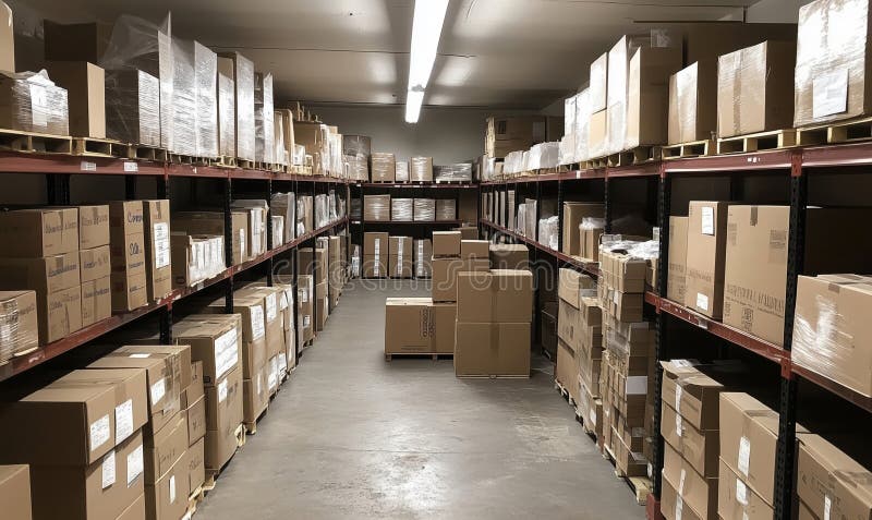 Warehouse Storage Filled with Boxes and Pallets, Organized Shelving ...