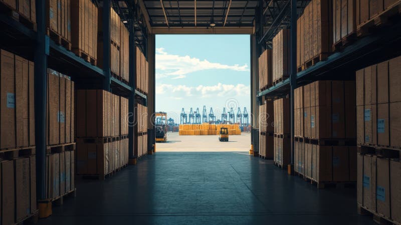 Warehouse Storage with Forklift and Distant Shipping Cranes in ...