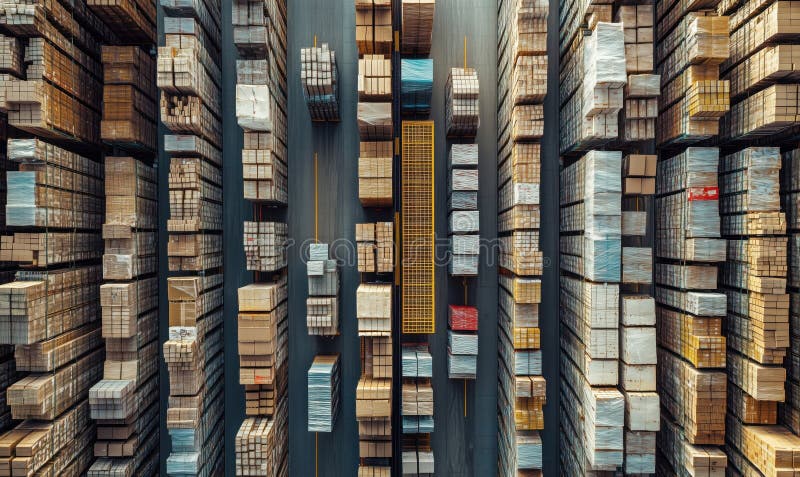 Warehouse Storage Layout with Organized Pallets and Boxes, Aerial View ...