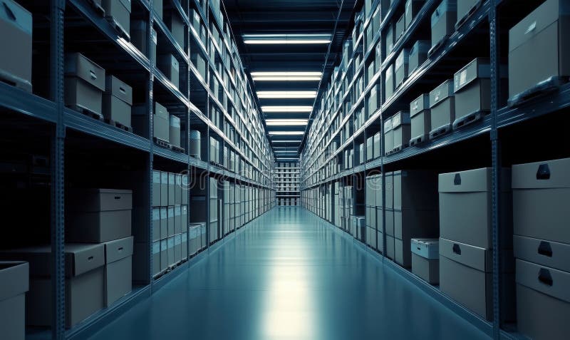 Warehouse Storage with Organized Boxes and Shelves, Long Aisle, Bright ...