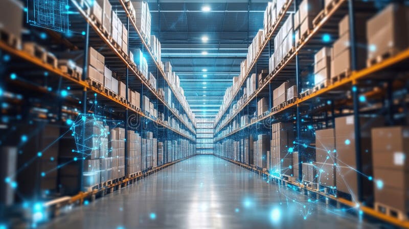 Warehouse Storage with Organized Shelves, Boxes, and Digital Network ...