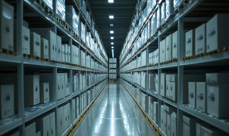 Warehouse Storage with Organized Shelves, Rows of Boxes, Bright ...