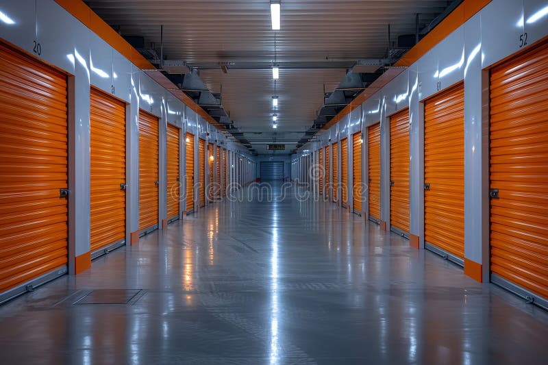 Warehouse Interior with Orange Gate, Storage Boxes, and Corridors for ...