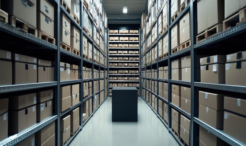 Warehouse Storage with Stacked Boxes and Shelves Stock Photo - Image of ...
