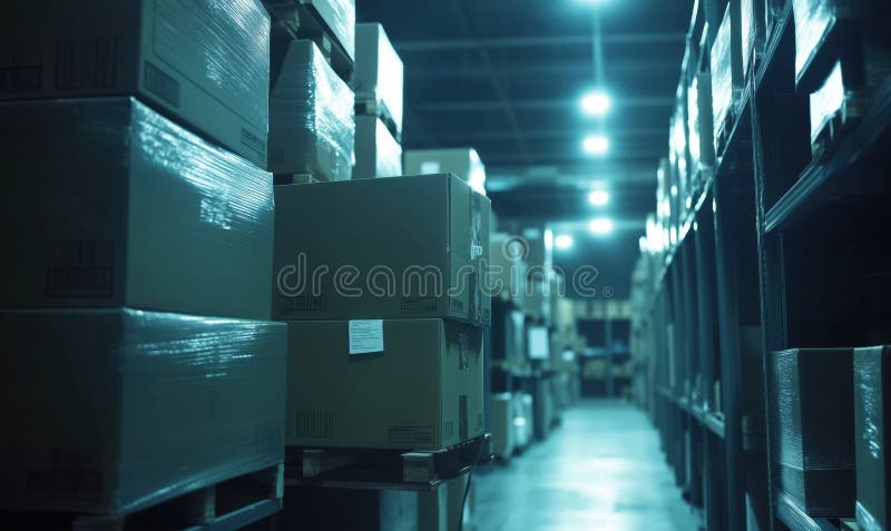 Warehouse Storage with Stacked Boxes and Shelves, Dimly Lit Environment ...