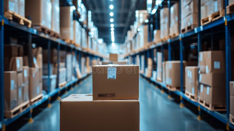 Warehouse Storage with Stacked Boxes on Shelves Stock Photo - Image of ...