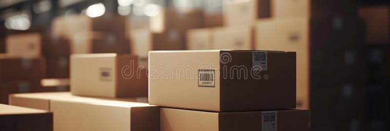 Warehouse Storage with Stacked Cardboard Boxes, Barcode Labels ...