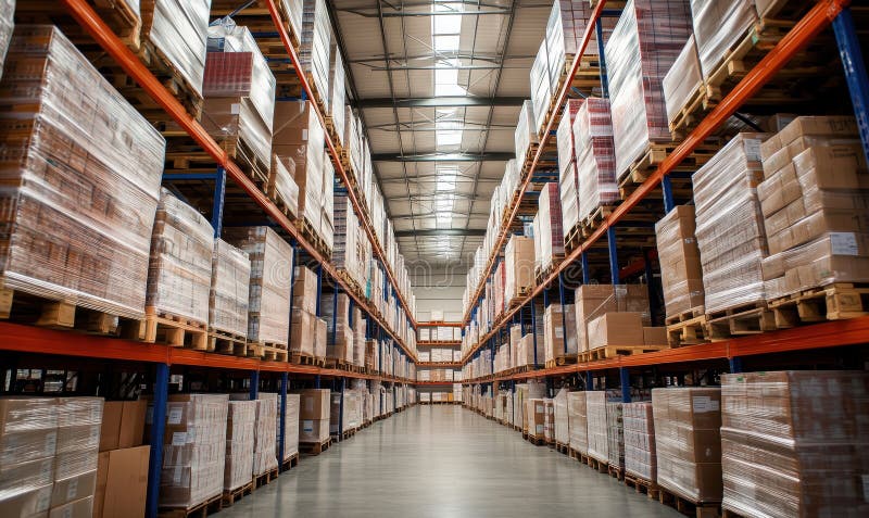 Warehouse Storage with Stacked Pallets and Boxes Stock Photo - Image of ...