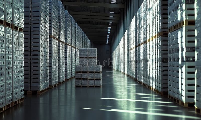 Warehouse Storage with Stacked Pallets and Bright Lighting Stock Image ...