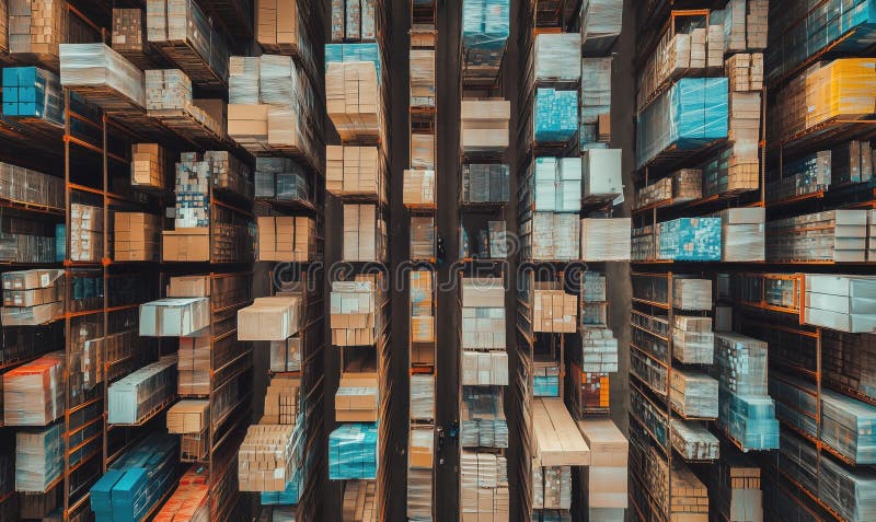 Warehouse Storage System Filled with Boxes and Pallets, Organized ...