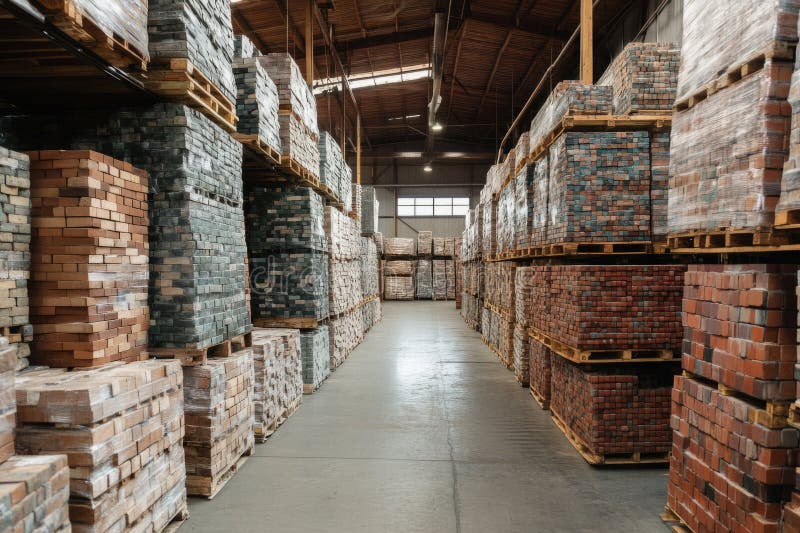 Warehouse Storing a Large Quantity of Bricks of Various Colors, Stacked ...