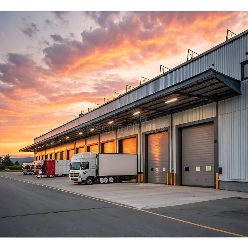 Warehouse at Sunset with Loading Docks Isolated on White Background ...