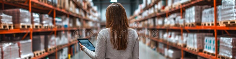 Warehouse Supervisor, Back View, Uses Digital Tablet for Inventory ...