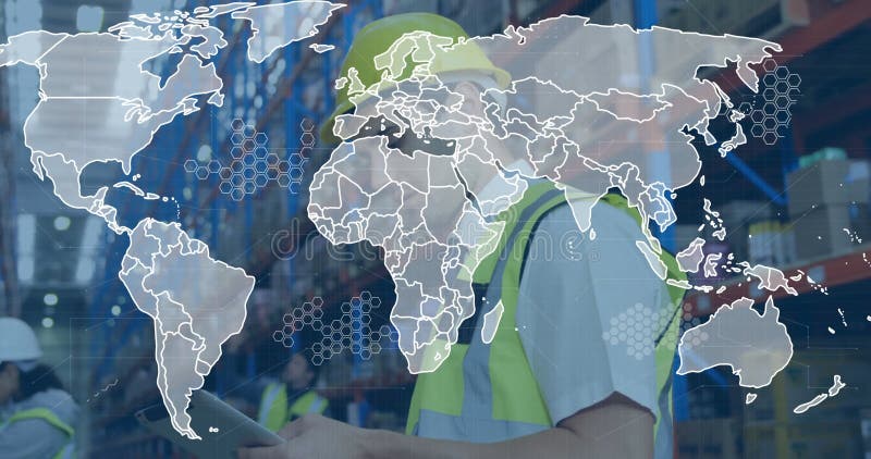 Warehouse Supervisor Raising Tablet and Initiating World Map Network ...