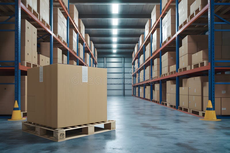 Warehouse with Tall Racks, Cardboard Boxes, Organized Tiers, Bright ...