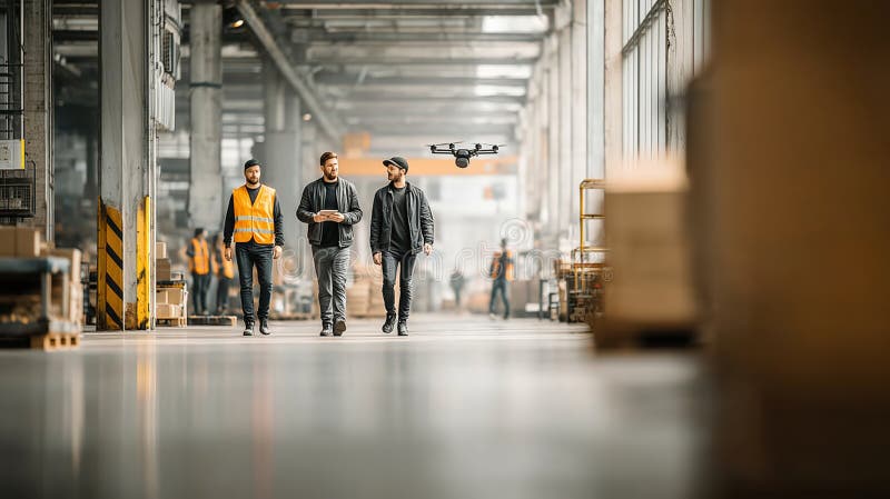 Warehouse Team Using Drone for Inspection Stock Illustration - Illustration of delivery ...