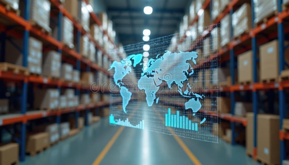 Warehouse Tech Interface Shows Global Inventory. Data Visualization ...