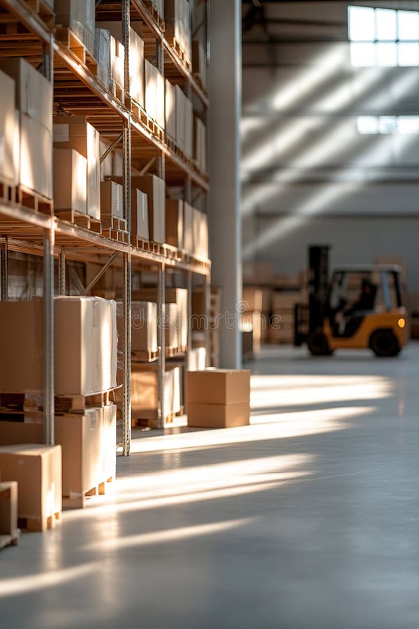 In the Warehouse, Towering Shelves Hold Old Boxes, Creating Cinematic ...