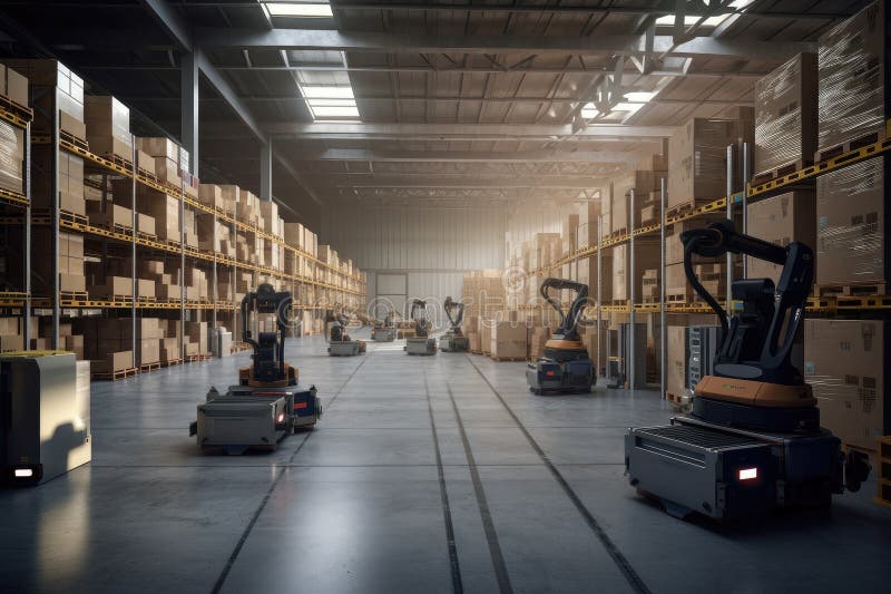 Warehouse, with Robots Performing Complex and Precise Packaging ...