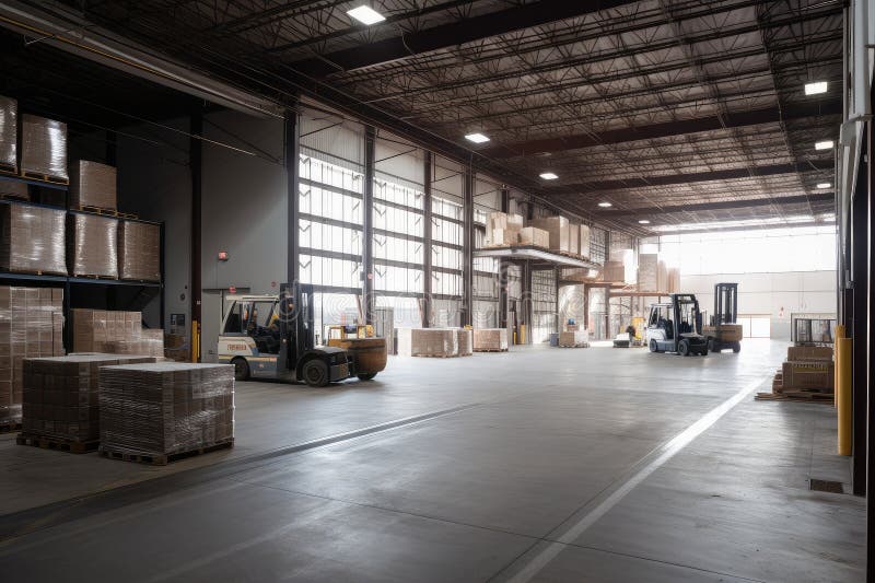 Warehouse, with View of Loading Dock and Forklifts Moving Product in ...